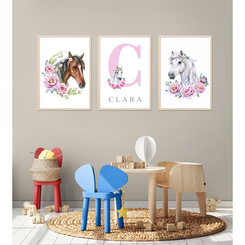 Poster - Pferd mit Blumen / Personalisiert / 3er-Set